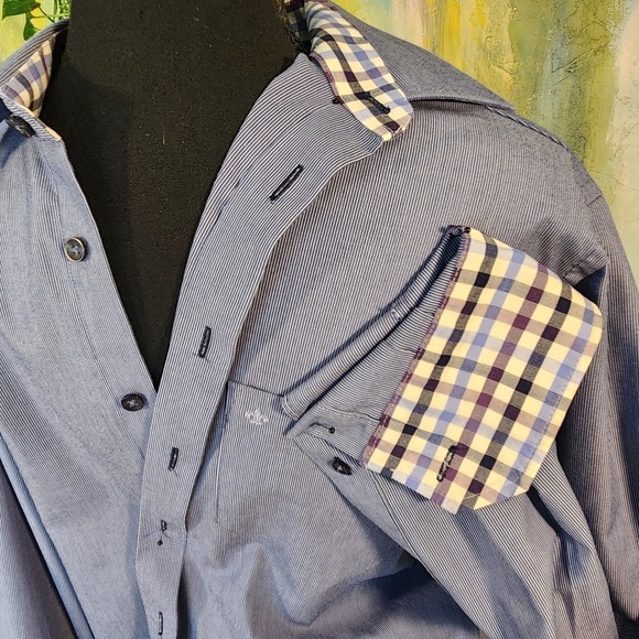 Shirts | 6 Blue Flip Cuff Shirt Plaid Microstripe 38 Mens Cam Modern ...